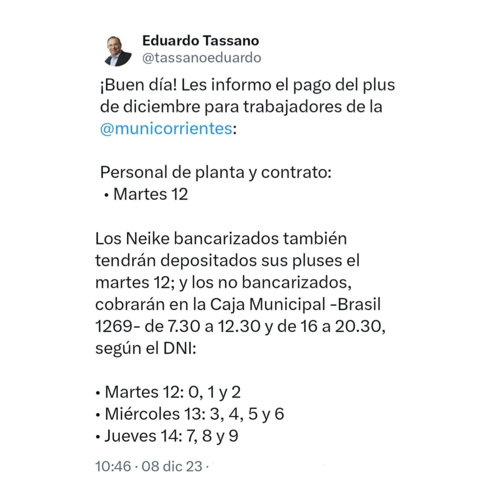 Tassano anunció que el plus a municipales se pagará desde este martes ...